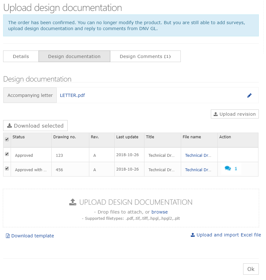 Upload and follow up approval of technical documentation