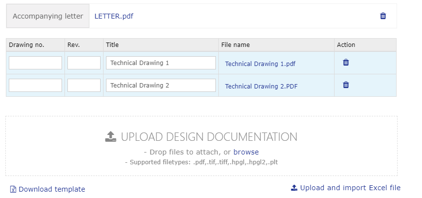 Upload and follow up approval of technical documentation