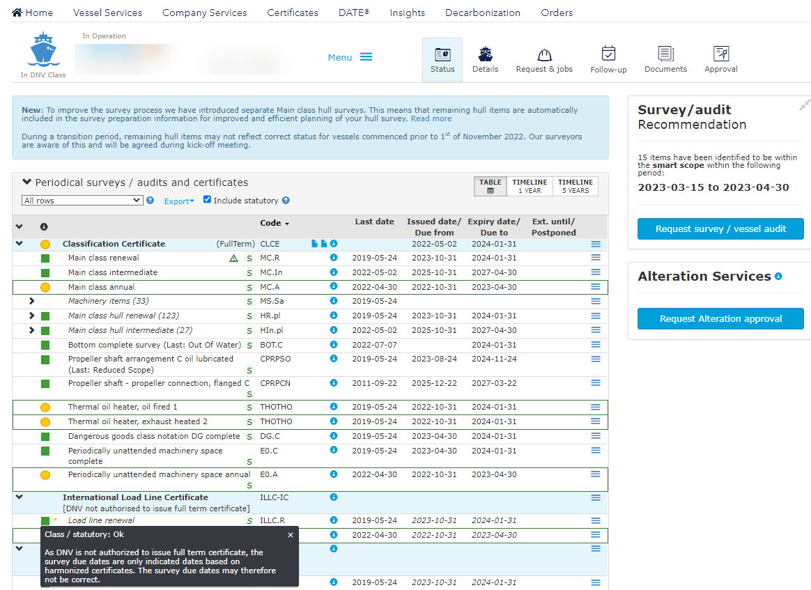 Vessel status and request survey