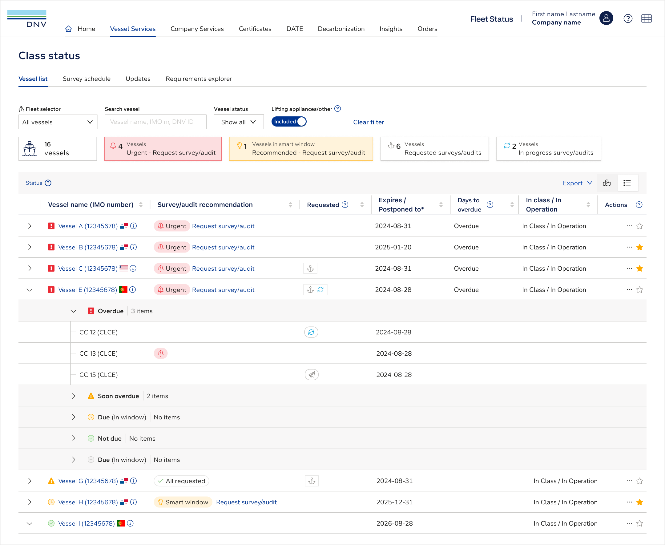 Vessel status and request survey